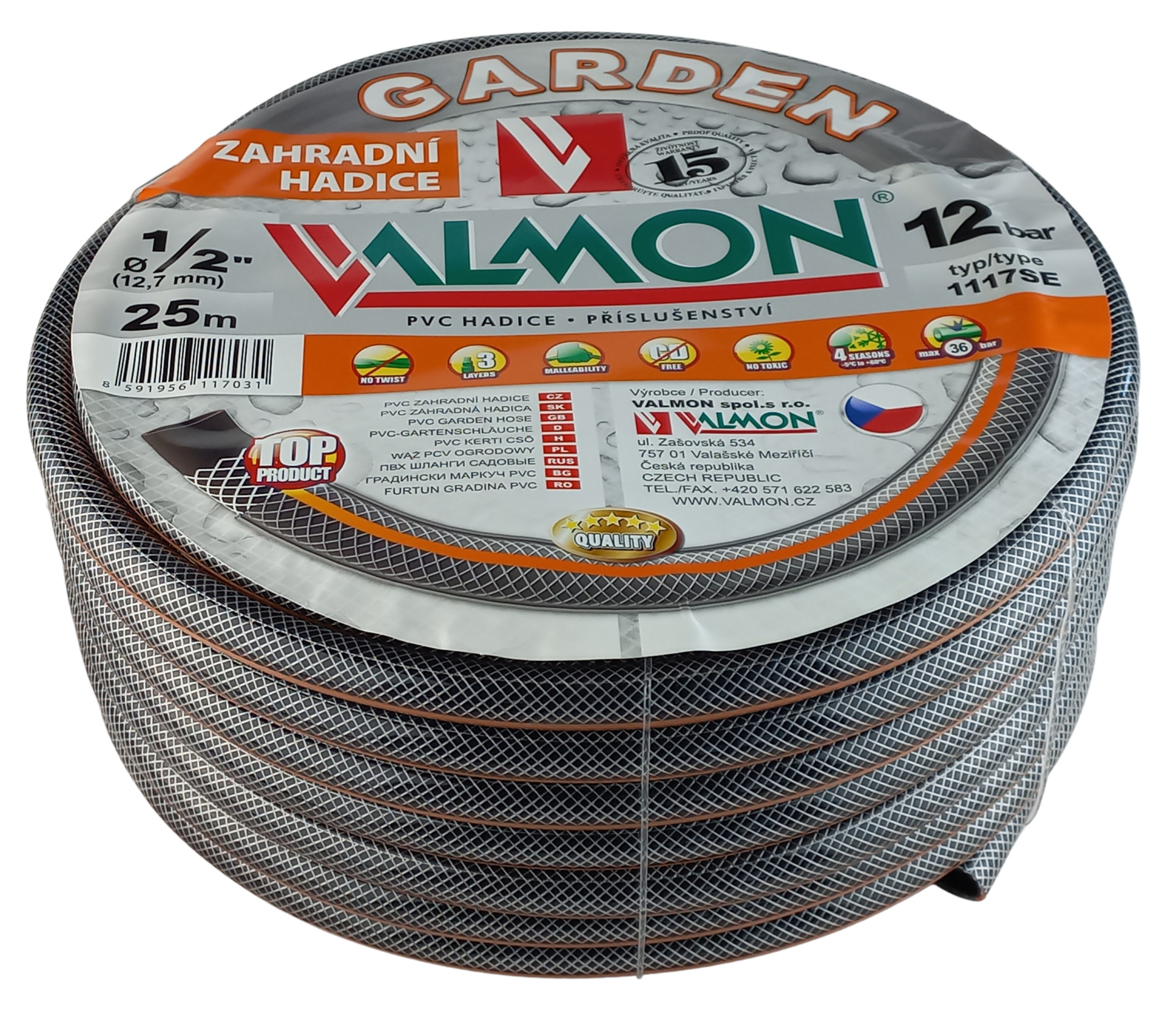 Hadice Garden černá neprůhledná s oranžovým páskem Valmon -1/2",role 25 ...